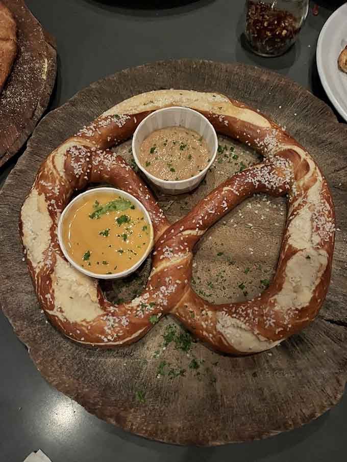 A Bavarian pretzel this magnificent deserves its own spotlight and multiple dipping sauces for maximum enjoyment.