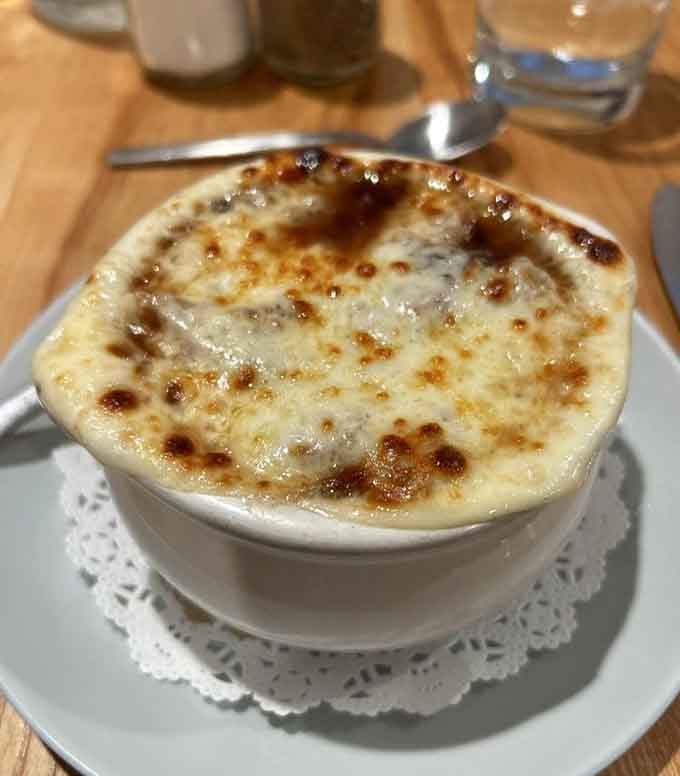 French onion soup with that perfectly browned cheese top is comfort in a bowl, period.