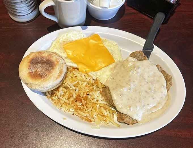 Country fried steak smothered in gravy with eggs and hashbrowns is the breakfast equivalent of a warm hug from your favorite aunt.
