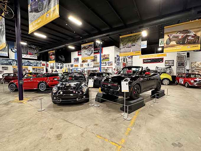 Modern performance machines share space with vintage classics, creating a timeline of automotive evolution you can actually walk through.