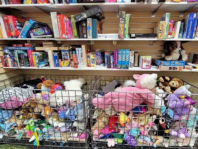 Stuffed animals and board games fill baskets, offering nostalgia and entertainment without the retail markup.