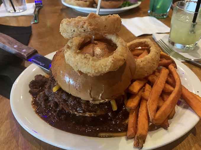 The Terlingua Burger stacked with onion rings and sweet potato fries is an engineering marvel you'll happily demolish.
