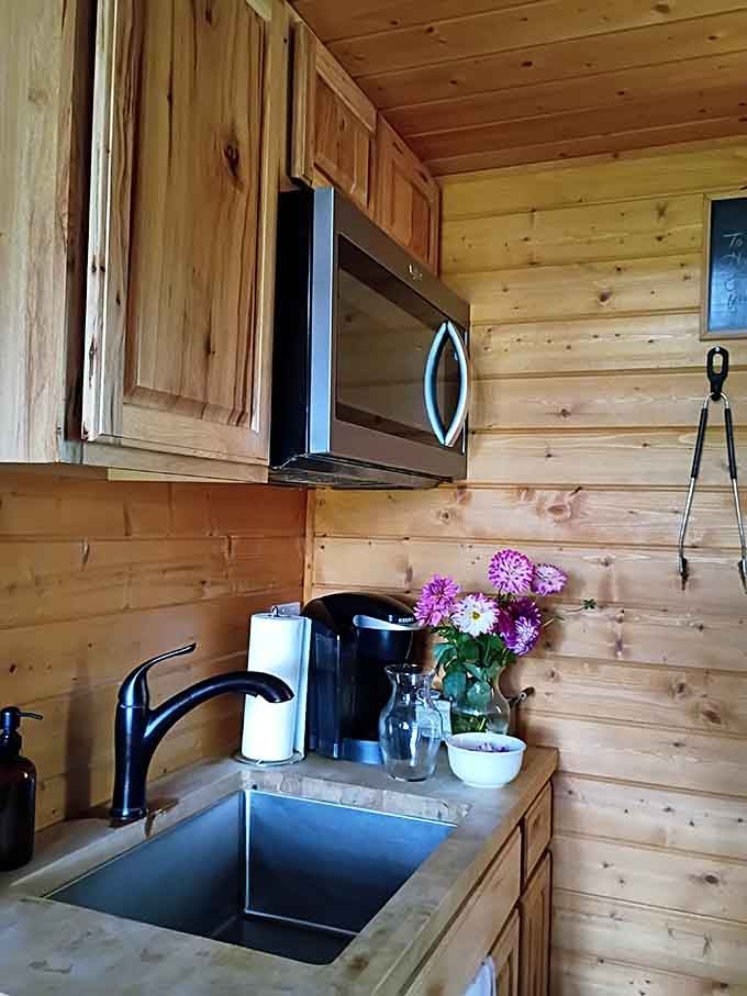 This kitchenette setup means you can heat soup without descending from your elevated forest kingdom below.