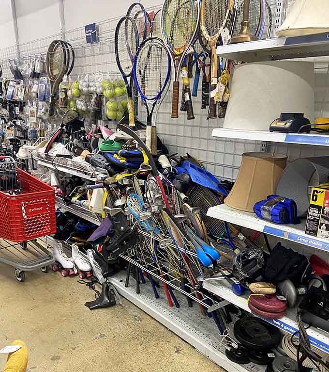Tennis rackets and sporting goods hang ready for your next athletic endeavor or that hobby you've been meaning to try.
