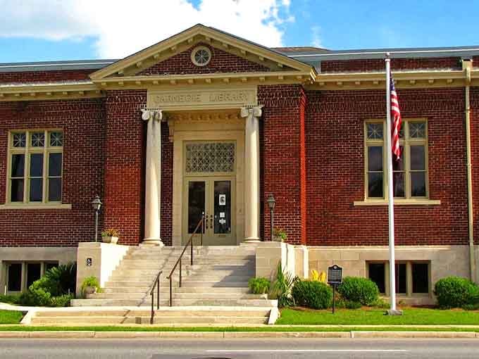 The Lowndes County Historical Society & Museum preserves local heritage in a classic brick building with proper columns and everything.