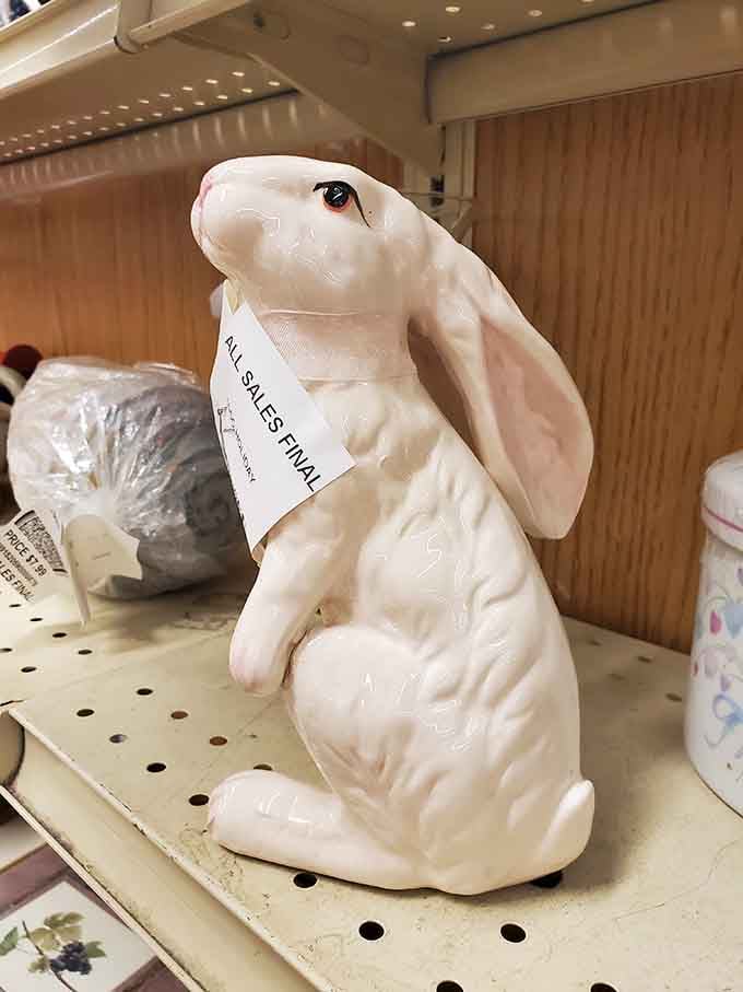 This ceramic bunny's "all sales final" tag suggests he's been waiting patiently for his forever home.