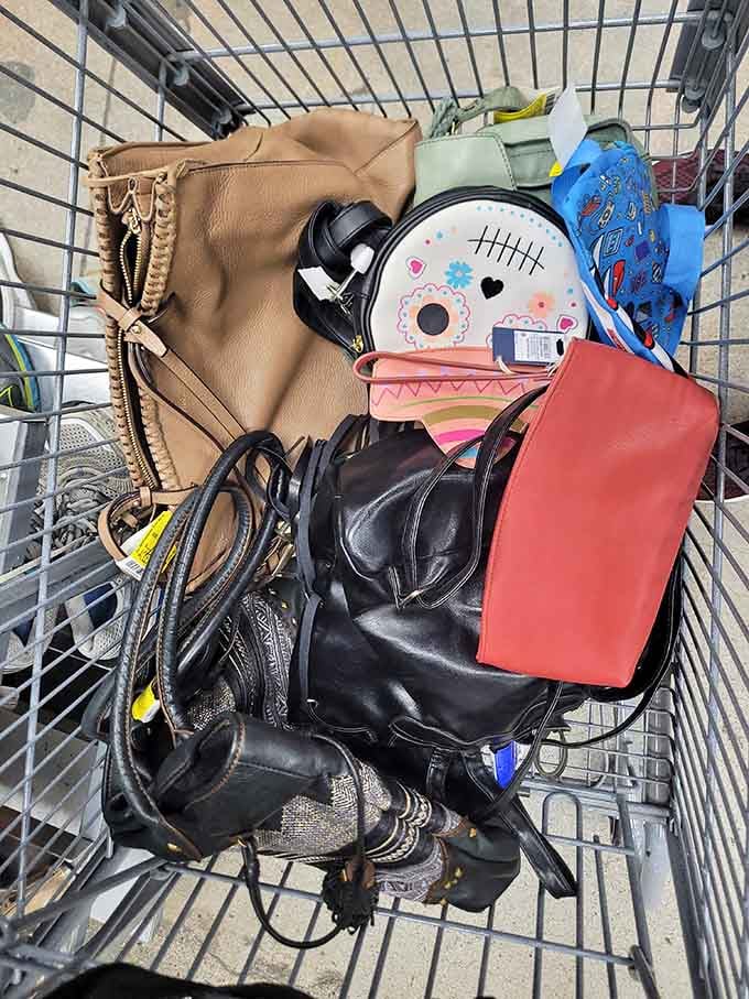 Someone's shopping cart reveals the eclectic haul that makes thrifting such an addictive adventure sport.