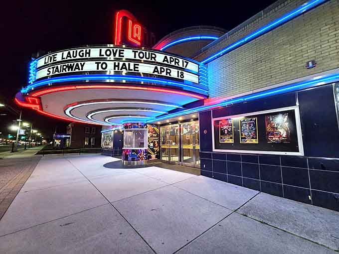 The Landis Theater's neon glow proves entertainment doesn't require Manhattan ticket prices or attitude.