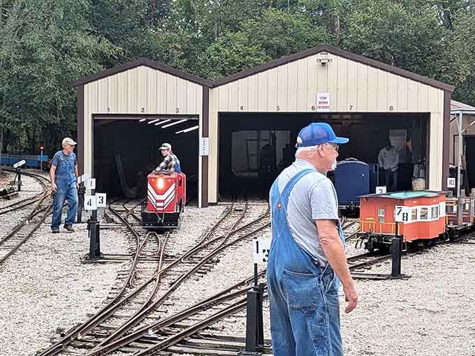 The engine houses stand ready to shelter their mechanical charges, each locomotive maintained with obvious pride and care.