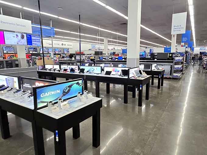 The electronics department where gadgets and gizmos await their new homes like puppies at an adoption center.