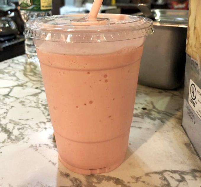 That strawberry shake is thick enough to require effort but smooth enough to make that effort completely worthwhile.