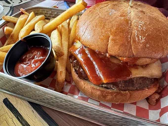 This Western cheeseburger with bacon and fries looks like it means serious business.