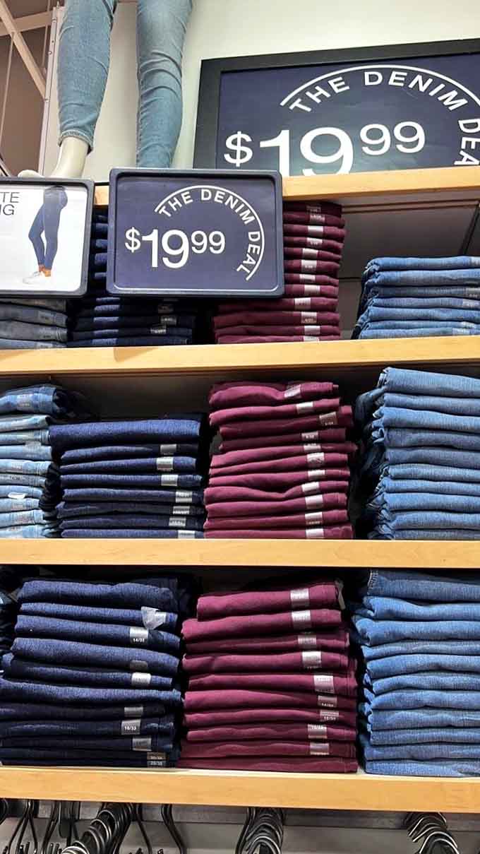 Denim stacked with military precision, because finding the perfect pair of jeans is serious business that requires proper organization.