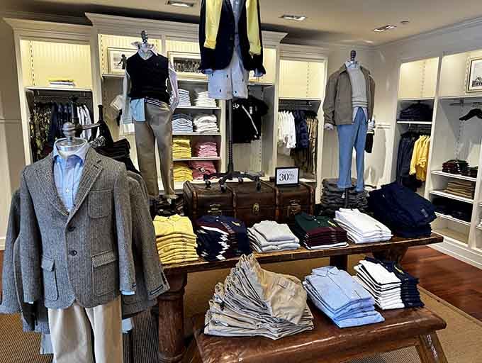 Men's clothing displayed with sophisticated charm, finally giving guys a reason to enjoy shopping instead of just enduring it patiently.