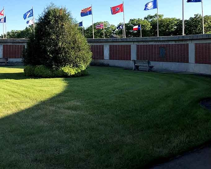 The centennial memorial wall honors community members with thousands of commemorative bricks, each telling its own story.