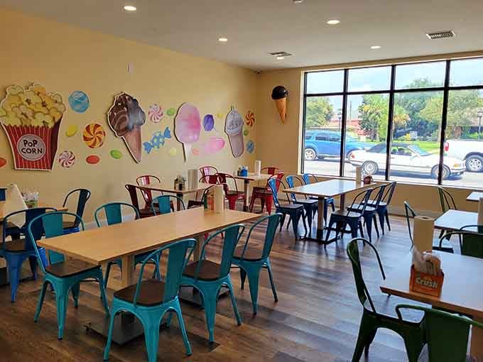 Cheerful seating where you can actually sit down and enjoy your treats like civilized people, imagine that.