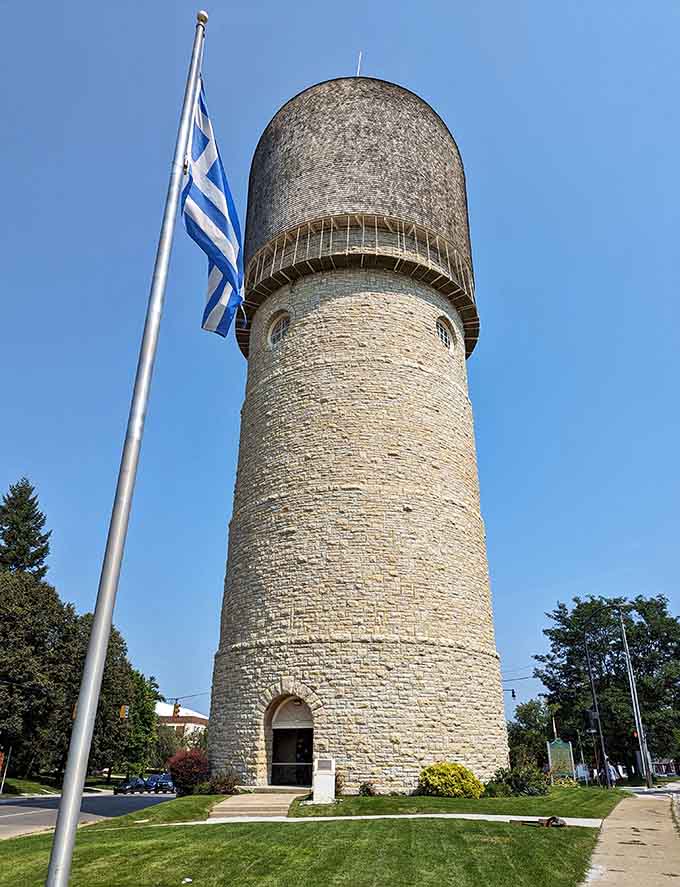 The water tower stands tall and proud, completely unbothered by any jokes about its distinctive architectural silhouette.