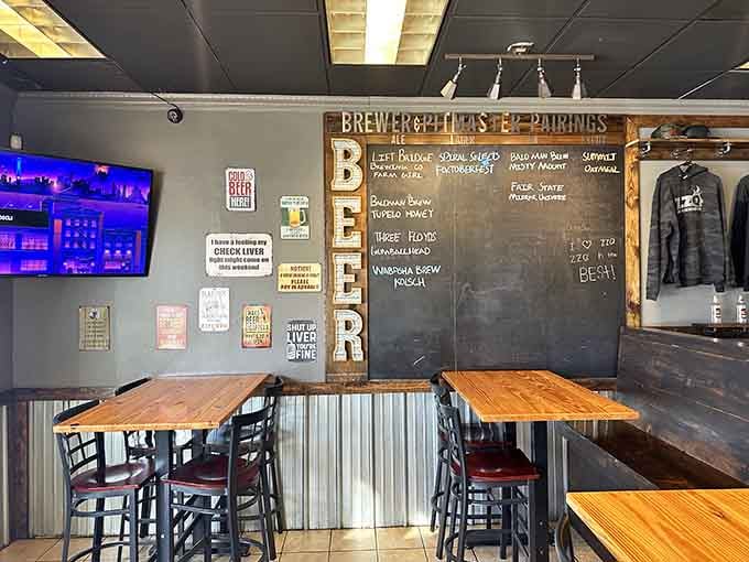 High-top tables and a beer board remind you that good barbecue pairs perfectly with cold beverages and great company.