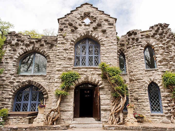 Twisted vines frame these diamond-pane windows like nature's own stained glass in weathered stone.