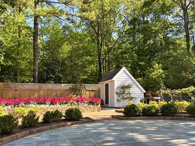 Vibrant blooms create a riot of color against the white shed, proving gardens feed the soul.