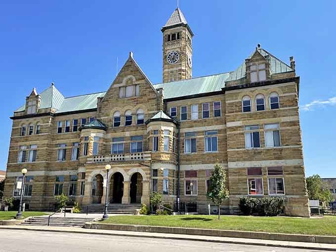 Romanesque towers and clock faces make this courthouse look like it belongs in a European capital, not rural Illinois.
