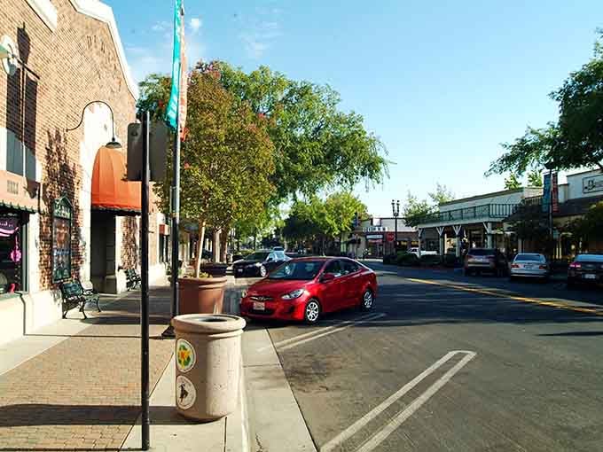 Sidewalk benches invite you to slow down and watch small-town life unfold at a comfortable pace.