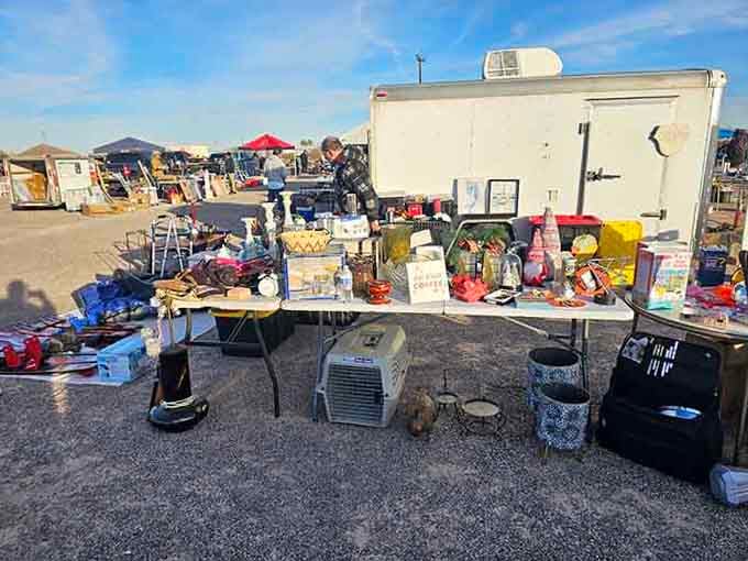 One person's garage overflow becomes your weekend treasure hunt under that big desert sky.