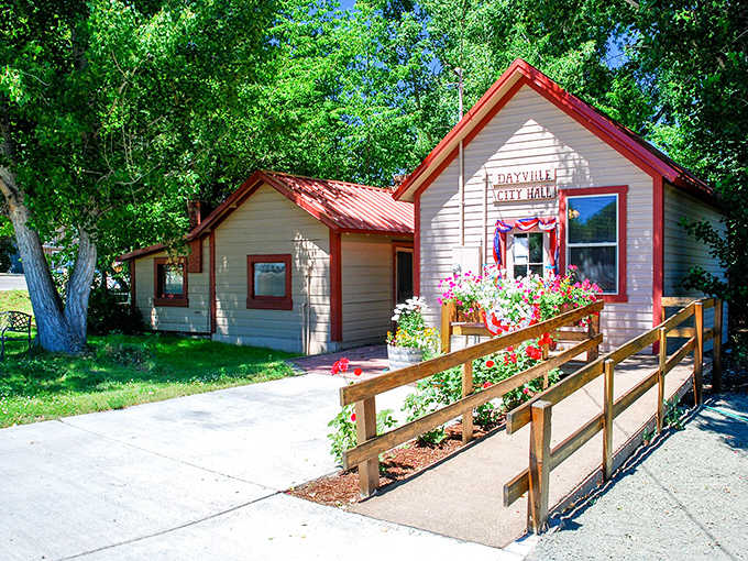 Patriotic bunting decorates the cheerful City Hall, proving small towns still celebrate community with genuine enthusiasm.