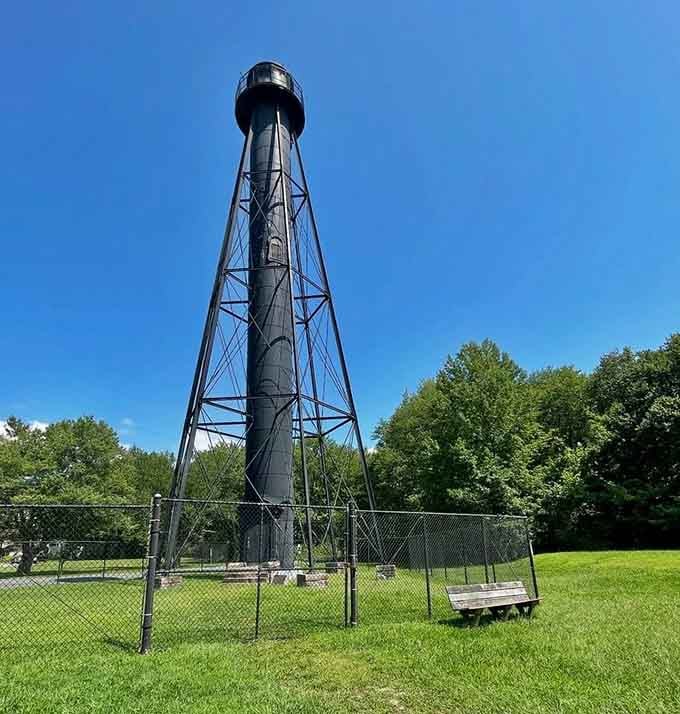Standing tall among summer greenery, this skeletal tower looks like an industrial-age Eiffel Tower found its calling.
