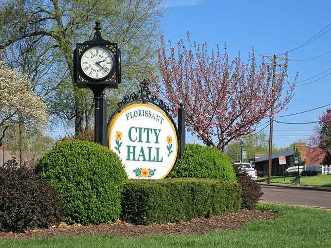 Florissant's cheerful City Hall sign welcomes visitors with tulips blooming, promising small-town warmth and genuine hospitality.