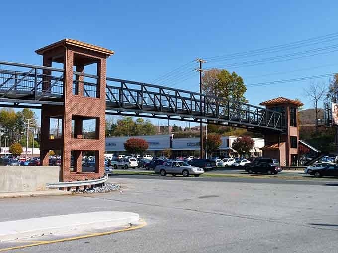 That pedestrian bridge spanning the street adds architectural interest and connects communities in this charming mountain town perfectly.
