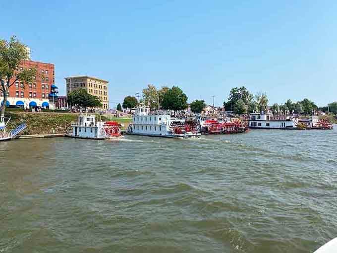 Riverboats lined up like ducks in a row remind you that some pleasures are timeless and affordable.