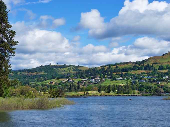 Rolling hills embrace a sparkling lake in this pastoral landscape where green fields meet clear blue water perfectly.