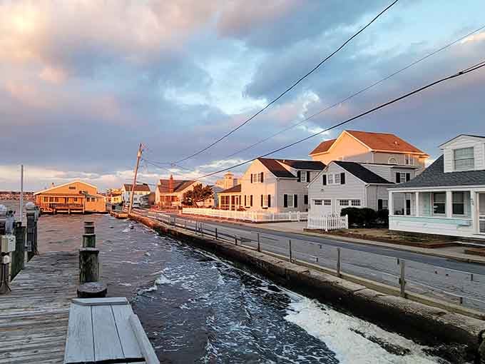 Golden hour paints waterfront homes in warm light, turning an ordinary evening into something worthy of a postcard.