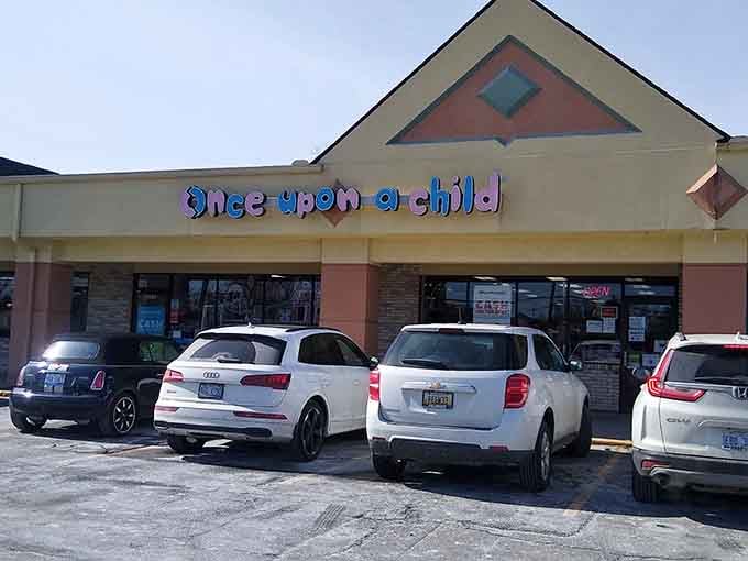 The playful lettering and cheerful colors perfectly capture the joy of finding quality children's items at unbeatable prices.