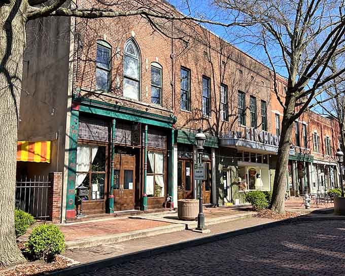 Brick sidewalks and gas lamps set the stage for evening strolls that feel like stepping into a gentler era.