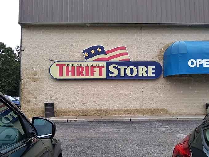Stars and stripes proudly wave above this patriotic thrift haven where American values meet unbeatable bargain hunting opportunities daily.