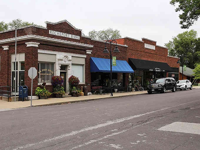 The old Rocheport Bank building anchors this charming main street where history and community blend seamlessly together.
