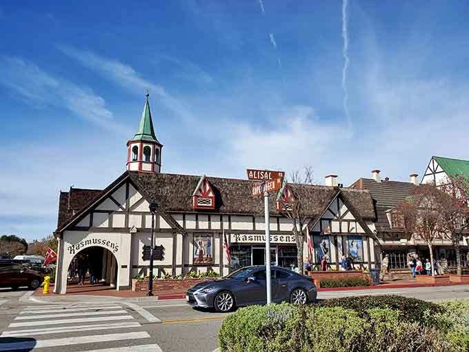 Half-timbered Danish architecture brings a slice of Scandinavia to California wine country, complete with that distinctive green bell tower.