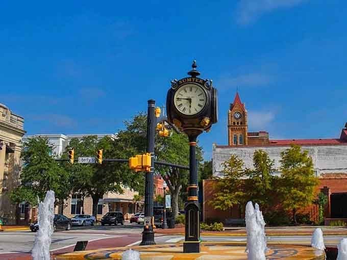 Dancing fountains and a classic town clock remind you that some places still value timeless charm over trendy.