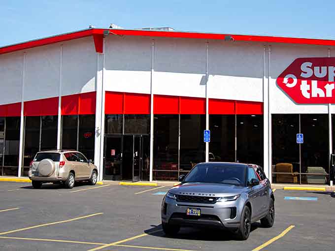 The bold red and white stripes create a candy cane effect that's impossible to miss from the road.