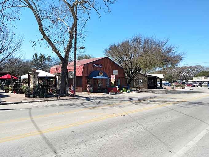 The rustic red barn and sprawling oak trees frame this corner like a postcard from Texas's most photogenic countryside.