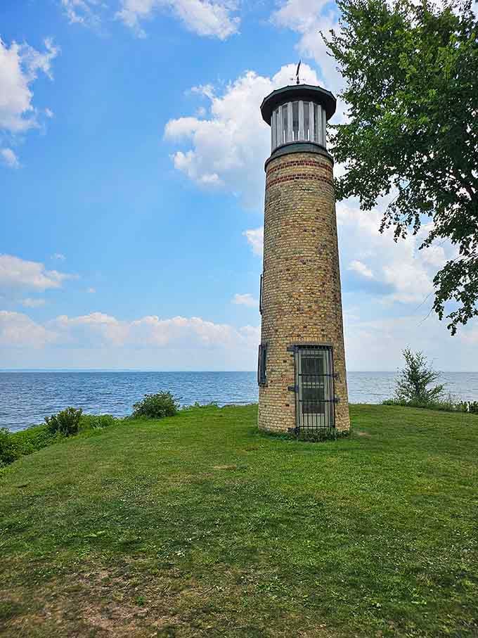 The striped brick pattern creates visual interest on this slender column that's been guiding boats home since before television existed.