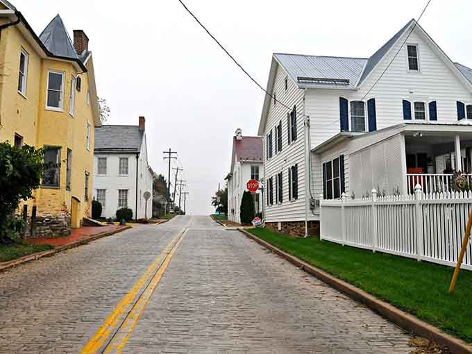 White picket fences and front porches line this quiet street where neighbors still wave and actually mean it.