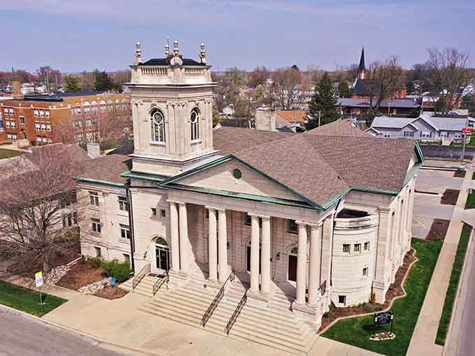 From above, classical columns and careful landscaping reveal a town that honors its past while embracing its future.