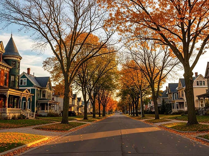 Autumn leaves carpet the street in gold beneath towering trees that have watched generations of families pass by.
