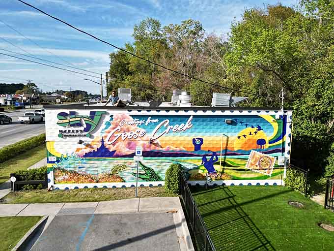 This vibrant Goose Creek mural celebrates coastal living with colors brighter than a beach umbrella on the Fourth of July.