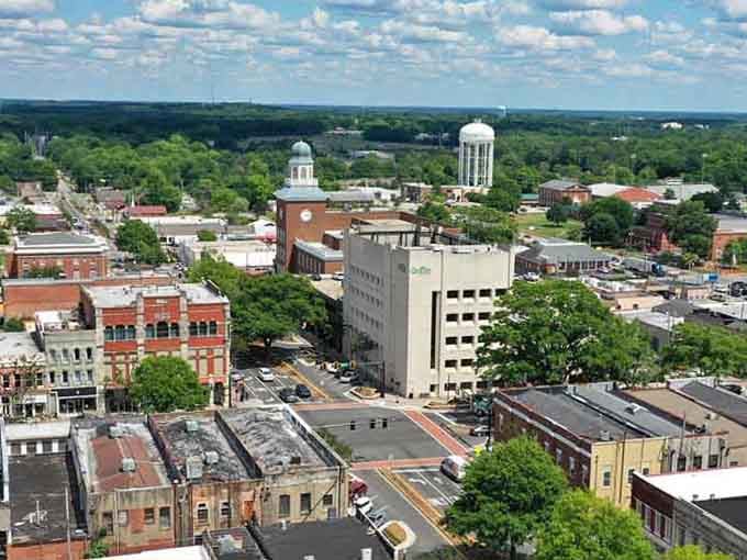 The water tower punctuates the skyline like an exclamation point, declaring this town's proud independence and affordability.