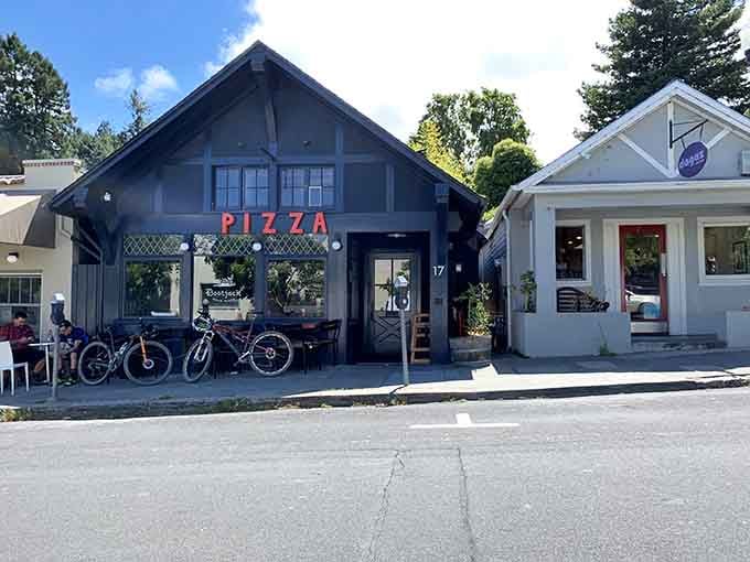 Bikes parked outside the pizza shop tell you everything about a town that still believes in simple pleasures.