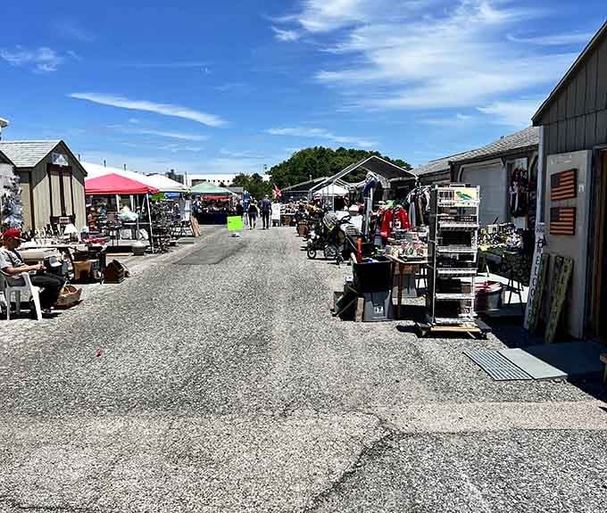 Gravel paths lead to endless possibilities, where pink tent and rustic buildings create the perfect hunting ground.